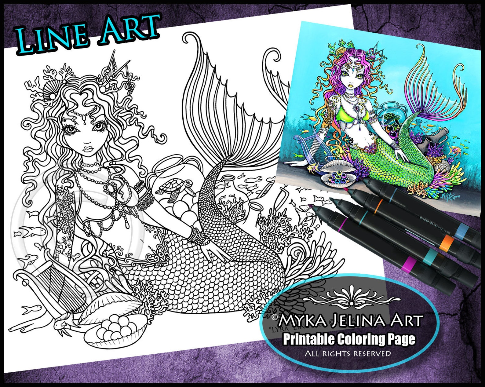 Lyra Line Art Coloring Page Download Mermaid Ocean Seascape | Etsy