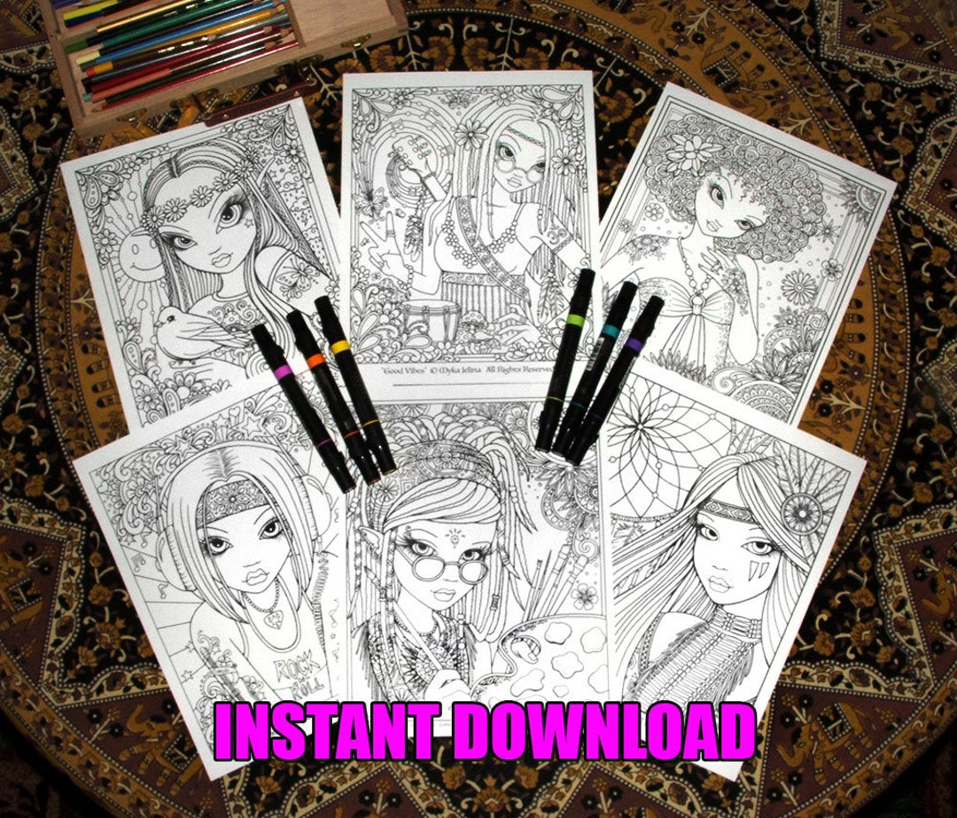 6 Pages - Set 10 - Printable Coloring Pages - Hippie - Fairy - Bohemian ...