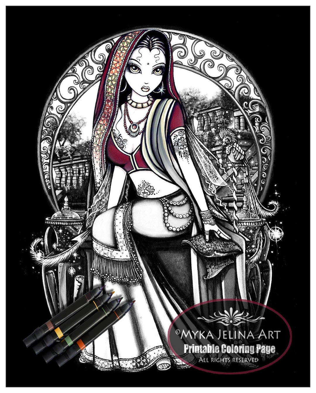 Henna Fairy Princess Coloring Page: Ayanna Grayscale Art (digital ...