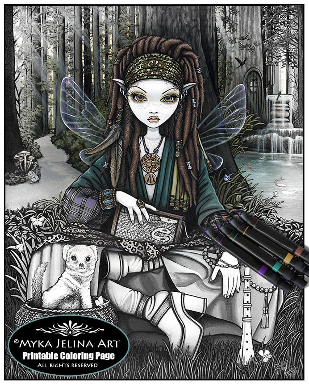 Zoti - Grayscale - Digital Download - Coloring Page - Bohemian - Nature Fairy - Myka Jelina Art ...