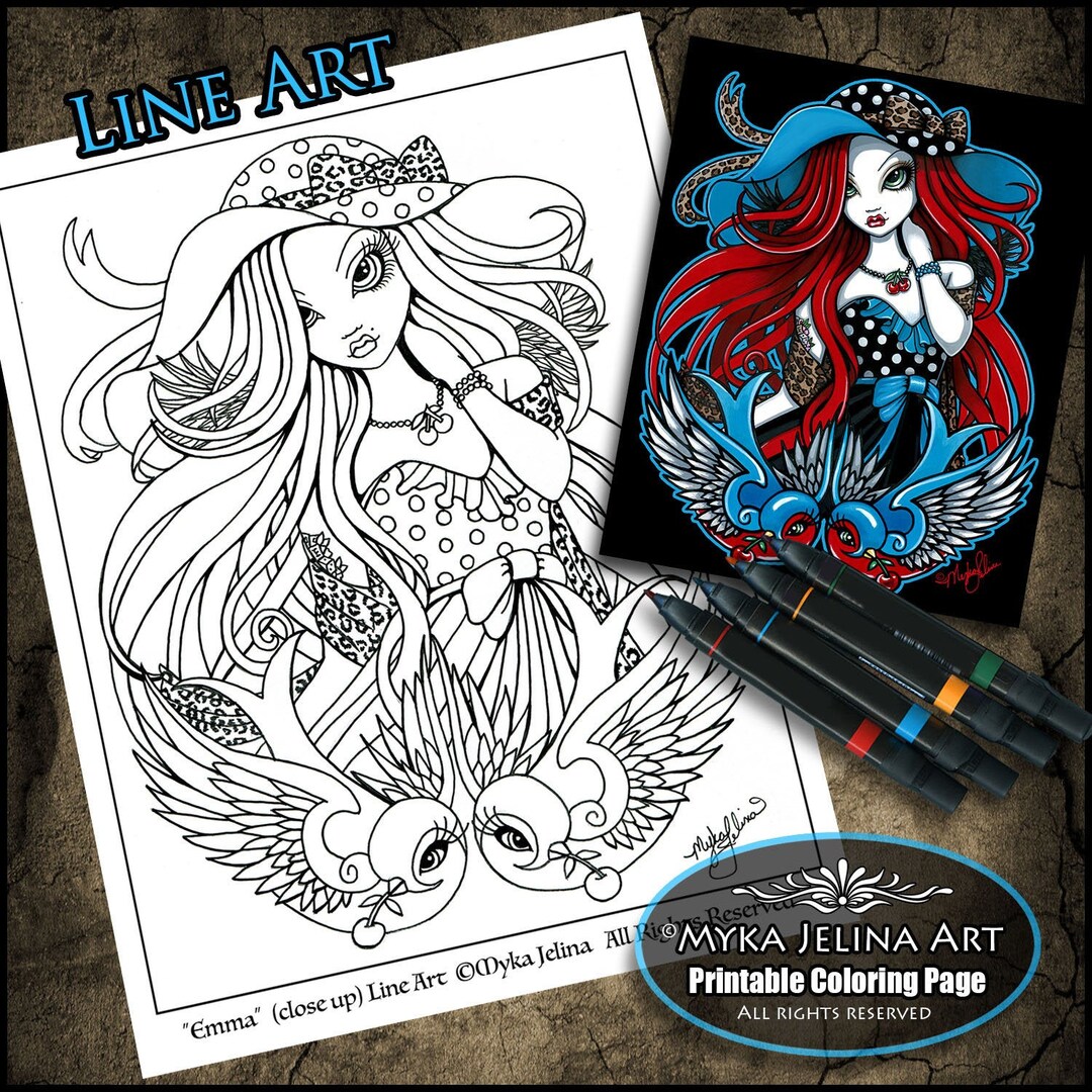 Emma Line Art Digital Download Coloring Page Rockabilly Fairy Myka ...