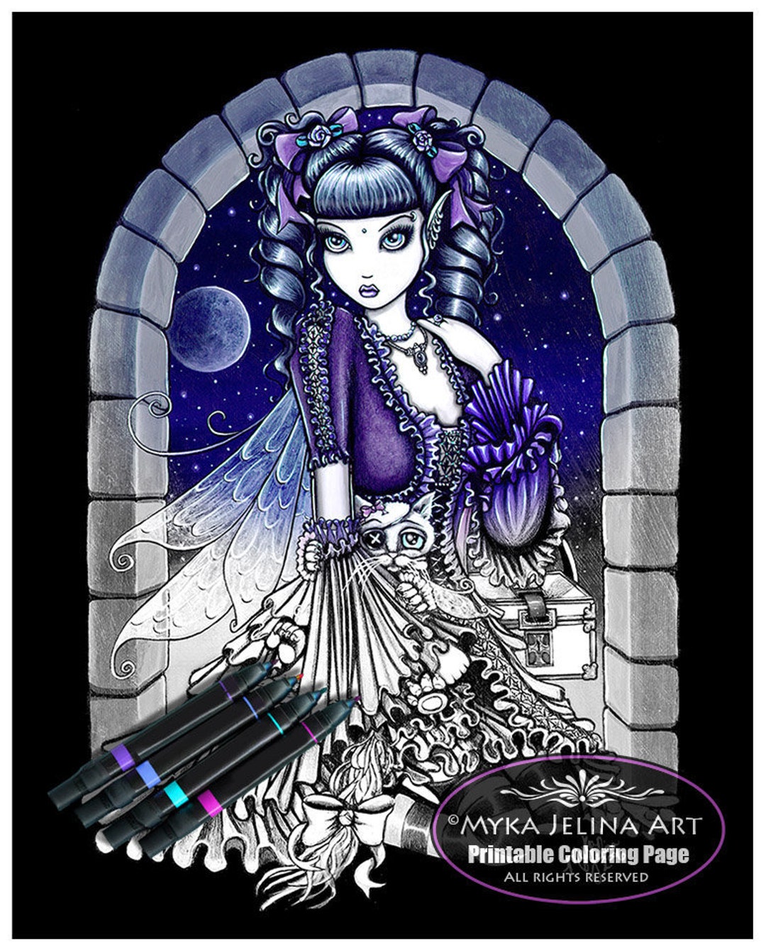 Gothic Victorian Fairy Coloring Page: Mia & Percival Cat Art (digital ...