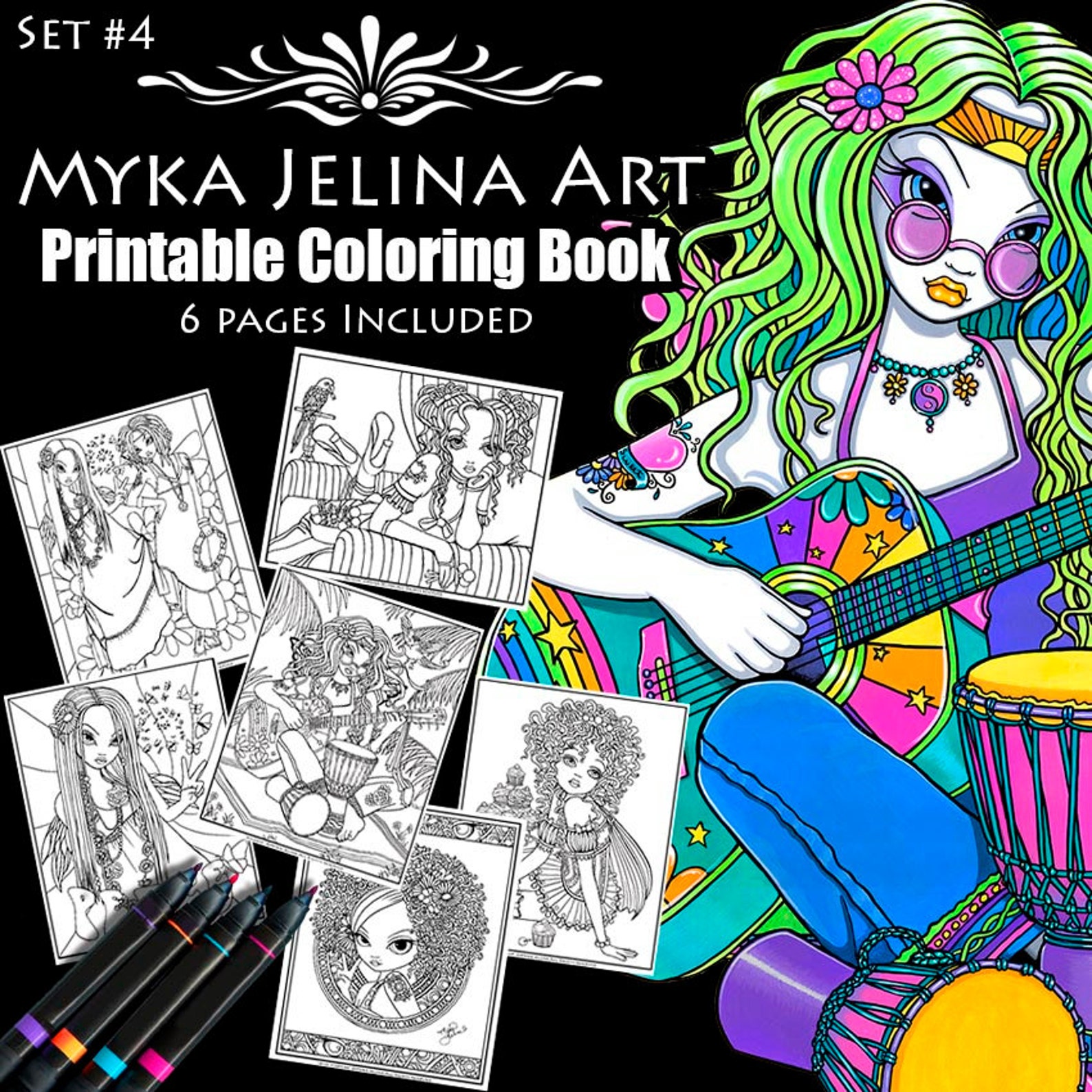 Set 4 Printable Coloring Book Hippie Fairy Coloring Pages Myka Jelina ...