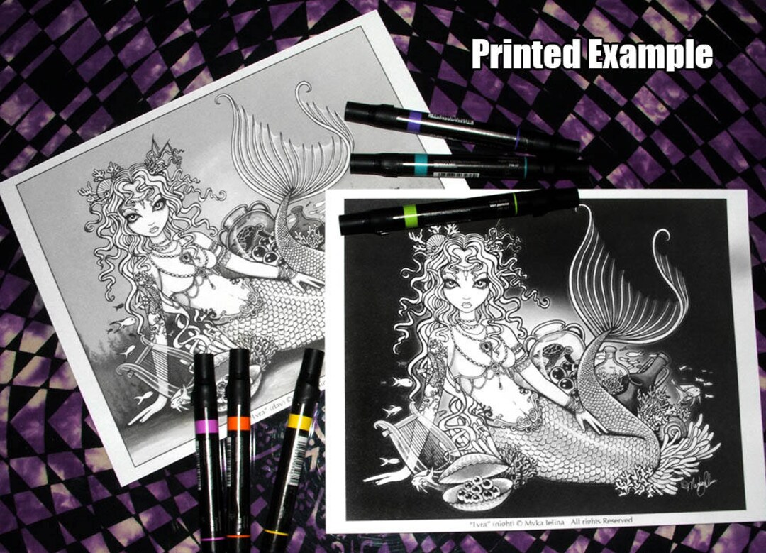 Lyra - Grayscale - Digital Download - Coloring Page - Mermaid - Myka ...