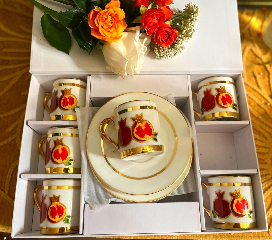 Hand-painted Espresso Coffee Cup and Saucer Set - Armenian Pomegranate ...