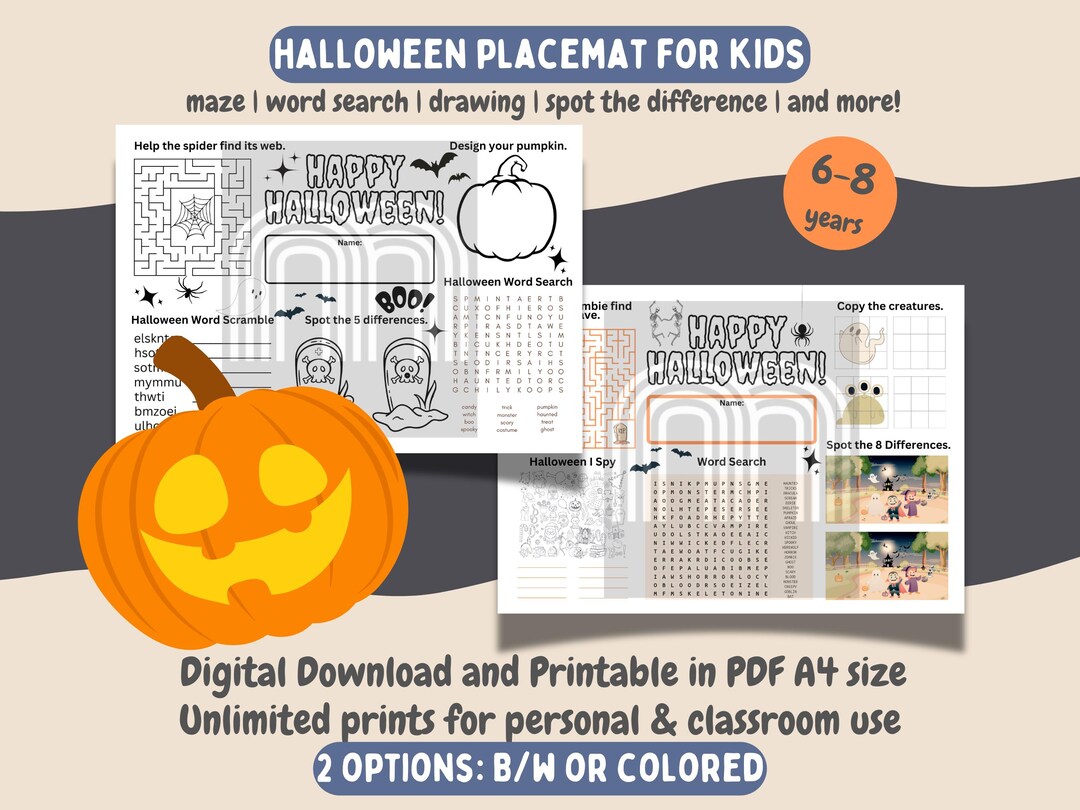 Halloween Activity Placemats Printable for Kids Halloween Coloring ...