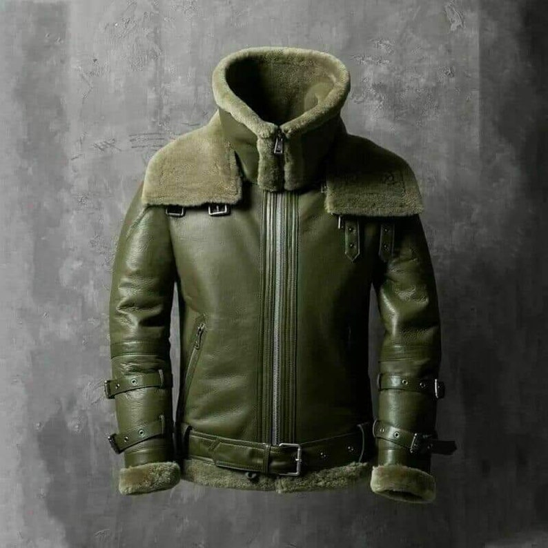 Men's Double Collar Green RAF Bomber Jacket Aviator Sheepskin Leather ...