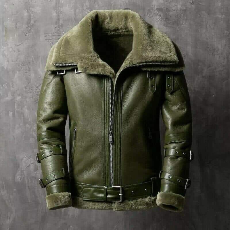 Men's Double Collar Green RAF Bomber Jacket Aviator Sheepskin Leather ...