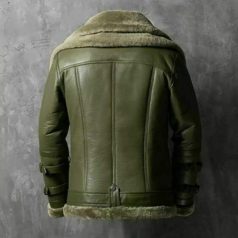Men's Double Collar Green RAF Bomber Jacket Aviator Sheepskin Leather ...