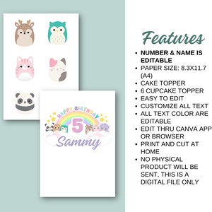 Editable Squishmallow Cake & Cupcake Toppers: Party Printables (canva ...