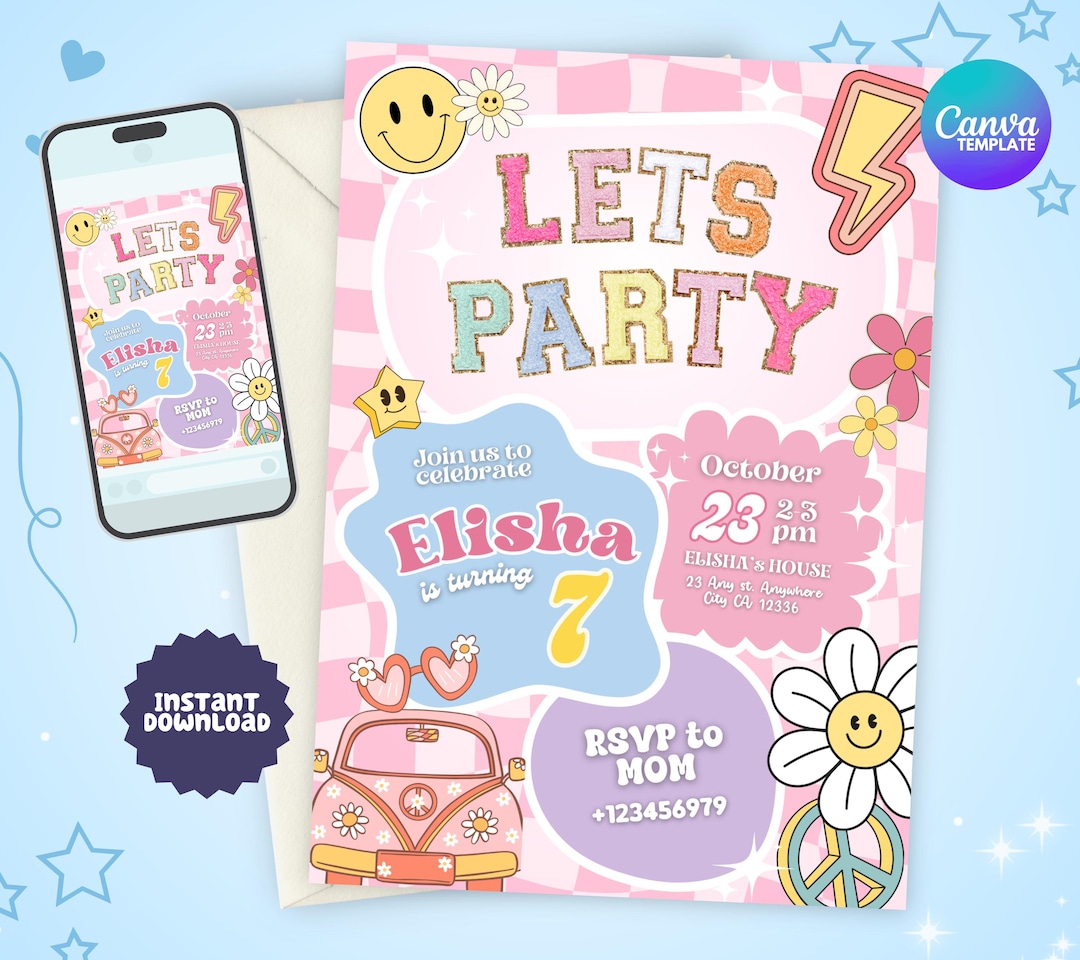 Editable Patch Letter Invitation, Preppy Invitation, Letter Groovy ...