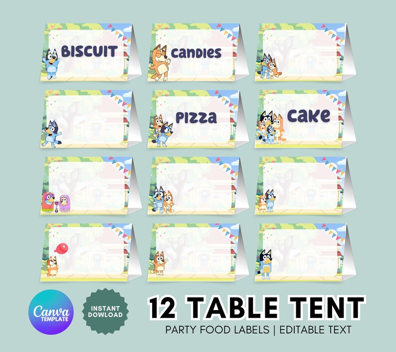 12 Editable Bluey and Bingo Birthday Party Place Card, Table Tent ...