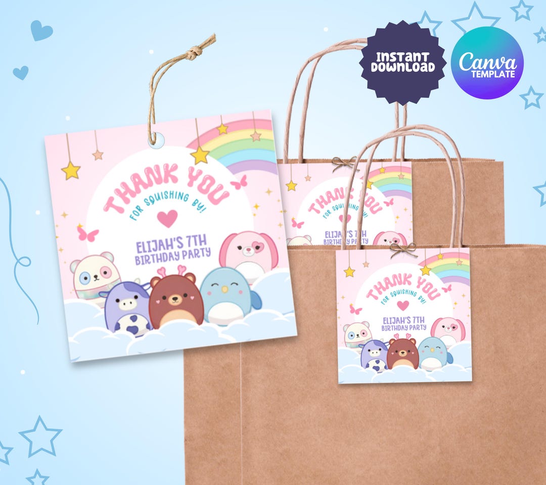 Editable Squishmallow Thank You Tags, Squishy Favor Gift Tags Labels ...