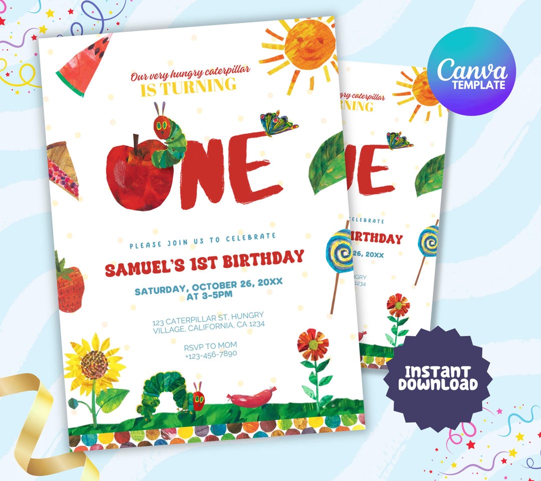 The Very Hungry Caterpillar Birthday Invitation: Editable Eric Carle ...