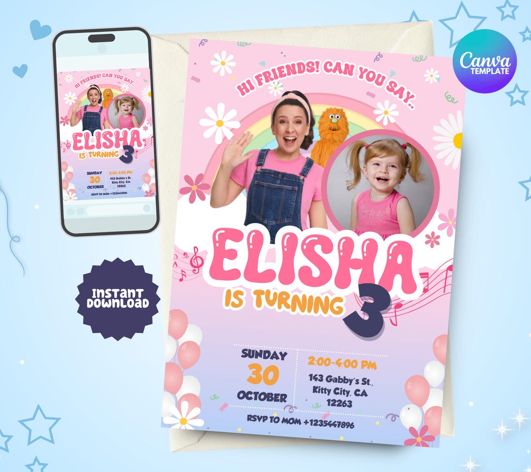 Editable Ms Rachel Birthday Invitation, Ms Rachel Party Invites, Ms ...