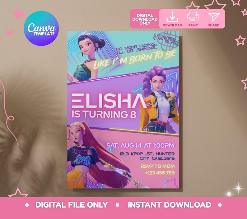 Editable Kpop Demon Hunter Invitation, Huntrix Birthday Digital Invites ...