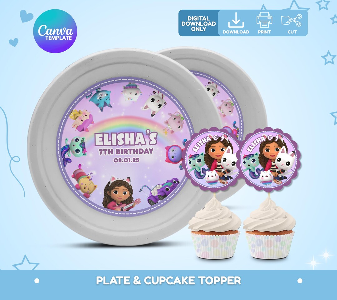 Editable Gabbys Dollhouse Plate Sticker and Cupcake Topper, Gabbys ...