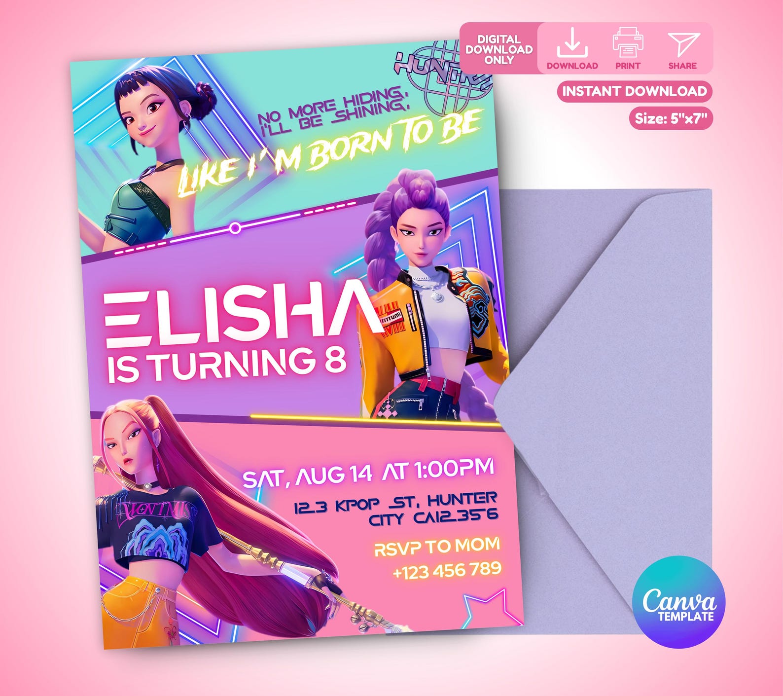 Editable Kpop Demon Hunter Invitation, Huntrix Birthday Digital Invites ...