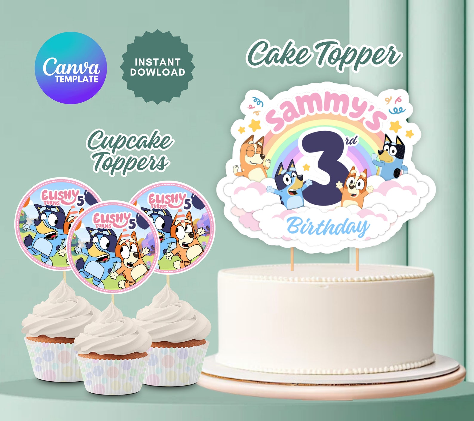 Editable Girl Bluey Cake Topper, Bluey Cupcake Topper, Bluey Girl Party ...