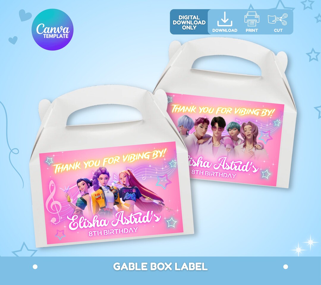 Editable Kpop Demon Hunters Gable Box Label, Huntrix Party Favor Box ...