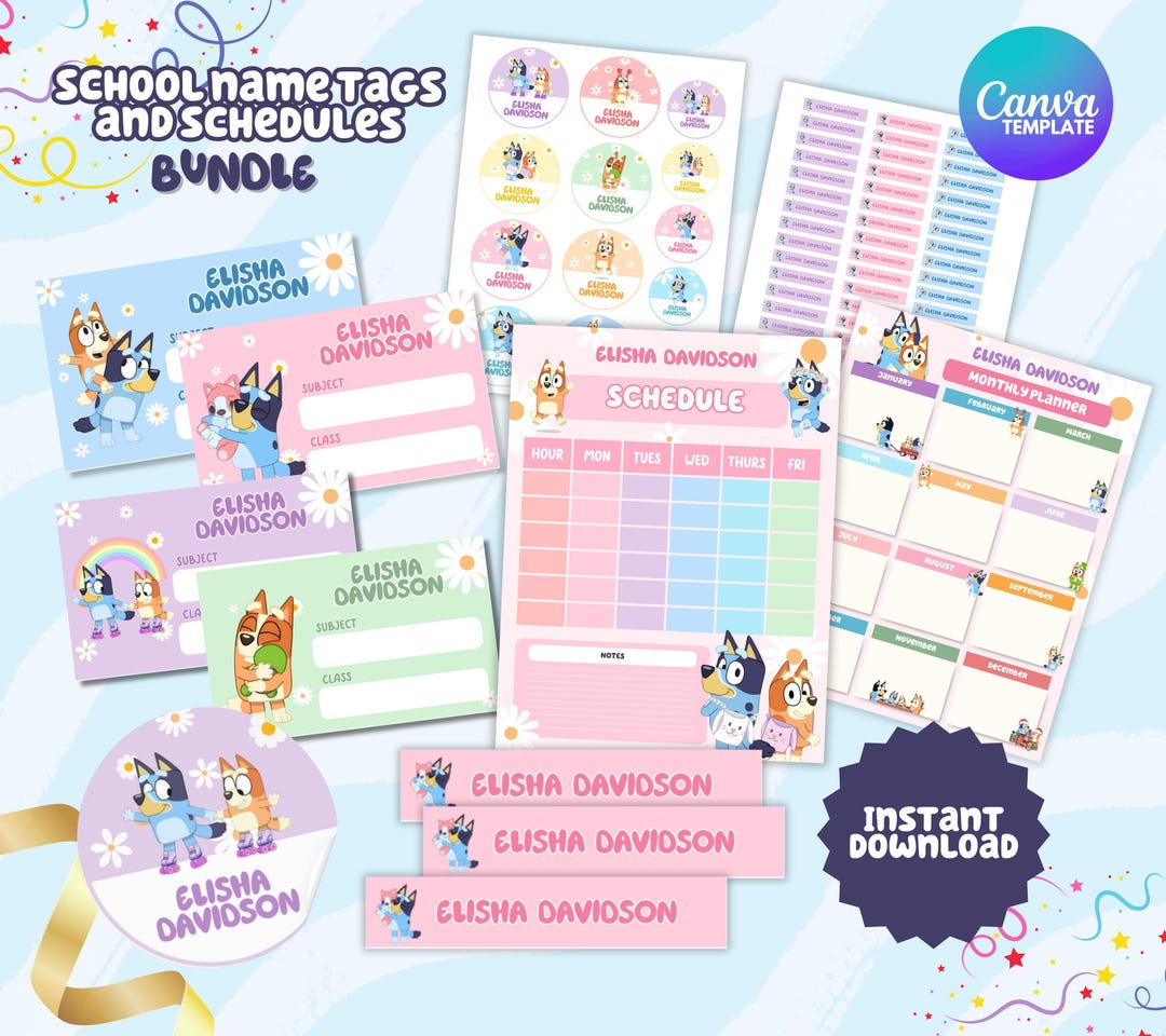 Editable Blue Dog School Name Tag Labels Printables, Name Labels for ...