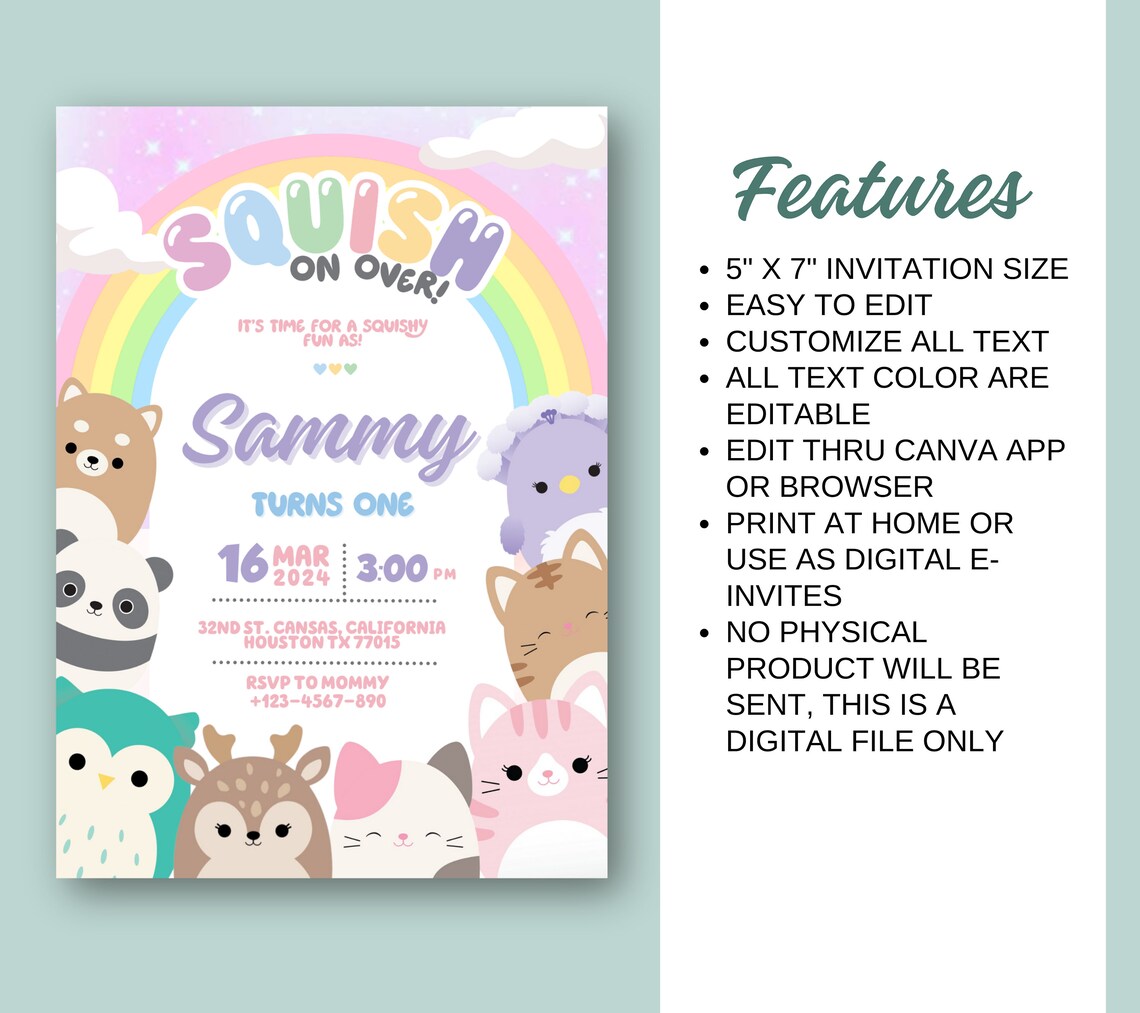 Editable Squishmallow Birthday Invitation, Squishmallow Invitation ...