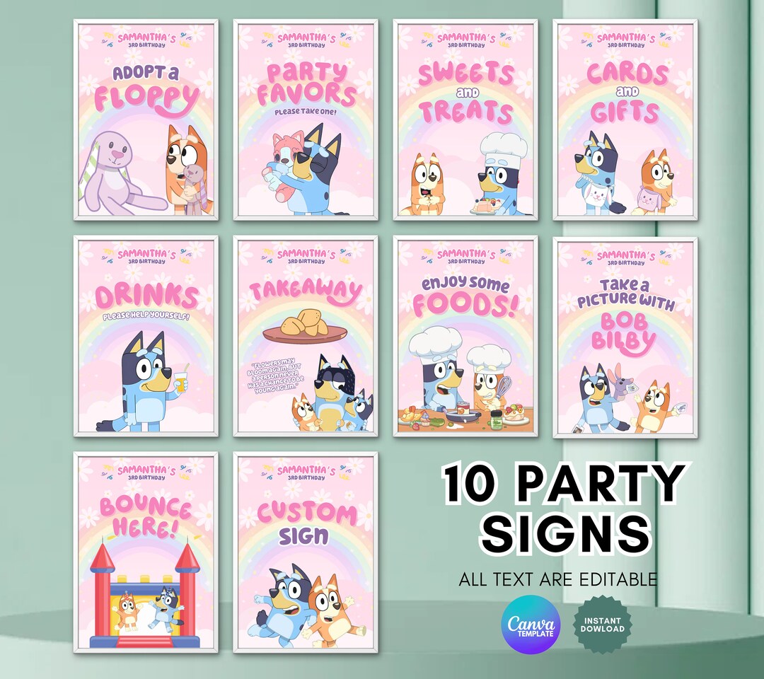 Editable Blue Dog Girl Party Signs Bundle, Girl Blue Dog Party ...