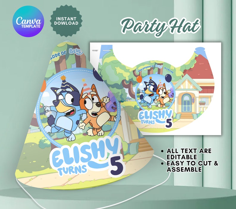 Editable Bluey Party Hat, Bluey Printable Party Hat,bluey Party Hat ...