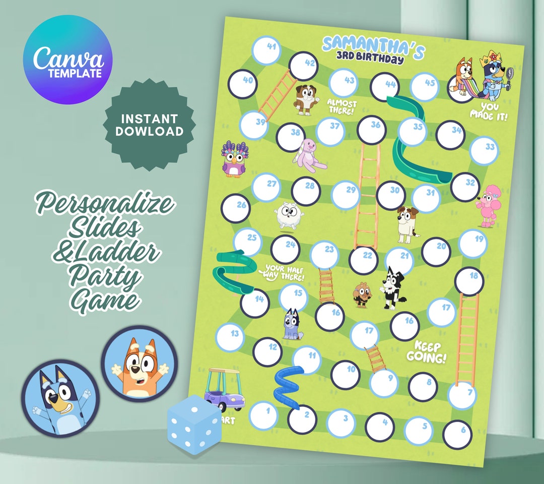 Editable Blue Slides and Ladders Party Game, Blue Party Games Printable ...