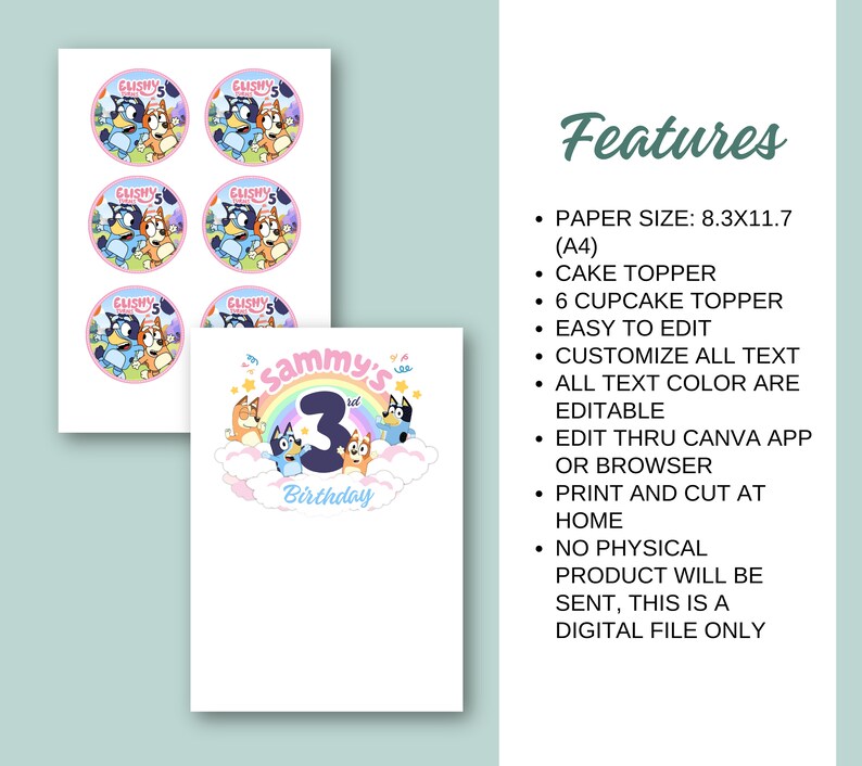 Editable Girl Bluey Cake Topper, Bluey Cupcake Topper, Bluey Girl Party ...