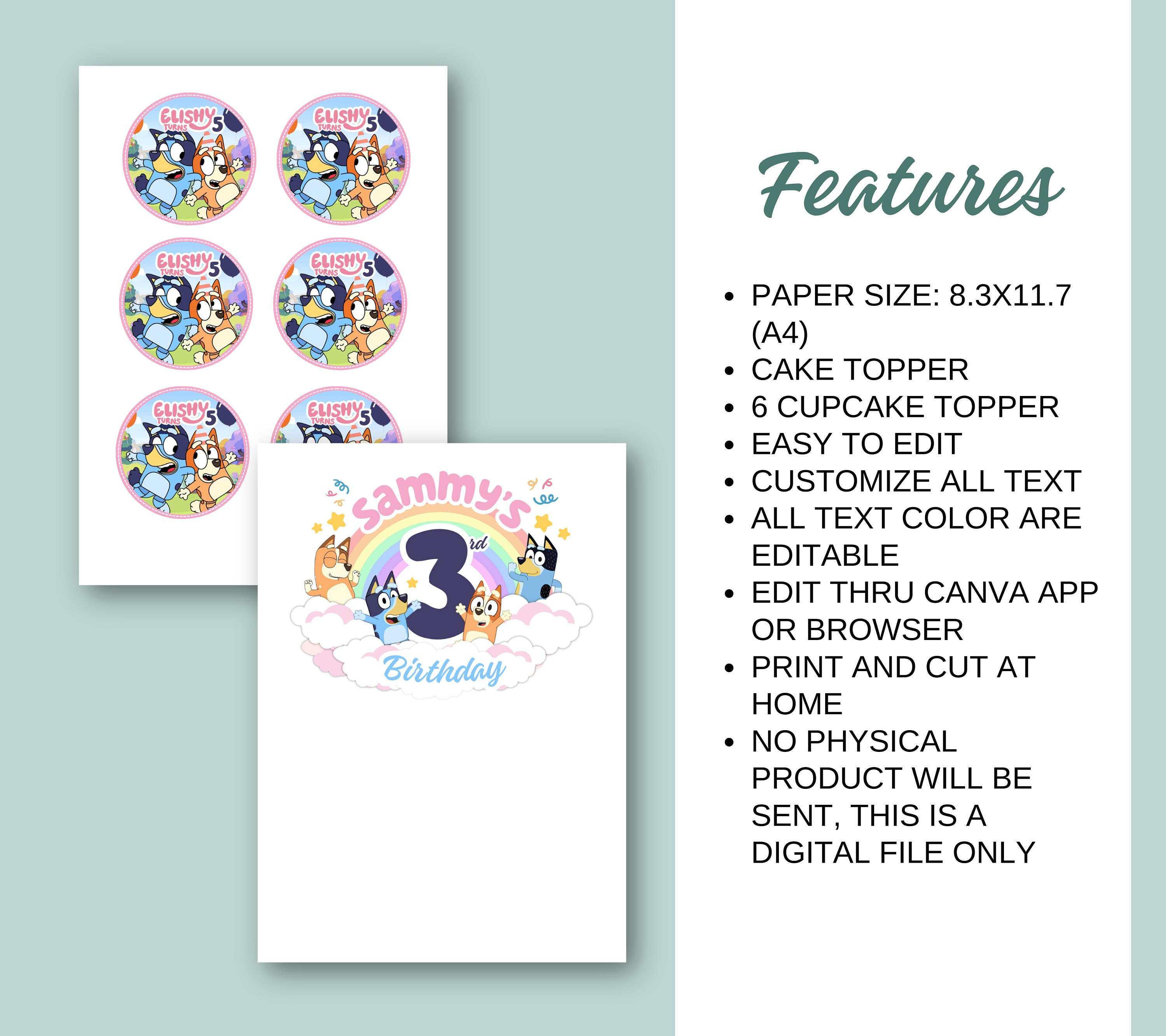 Editable Girl Bluey Cake Topper, Bluey Cupcake Topper, Bluey Girl Party ...