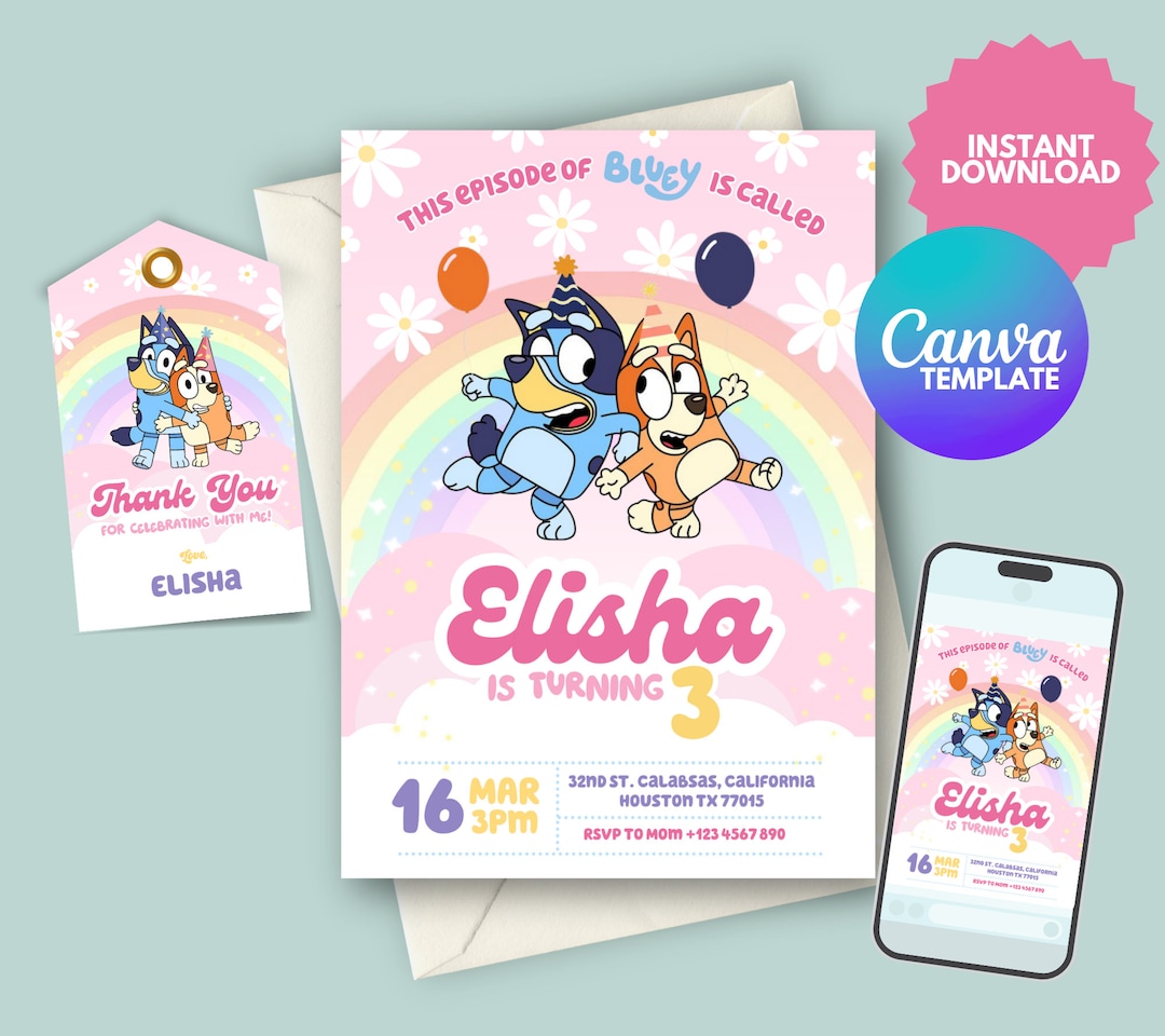 Editable Bluey Girl Birthday Invitation, Bluey Party Invitation, Party ...