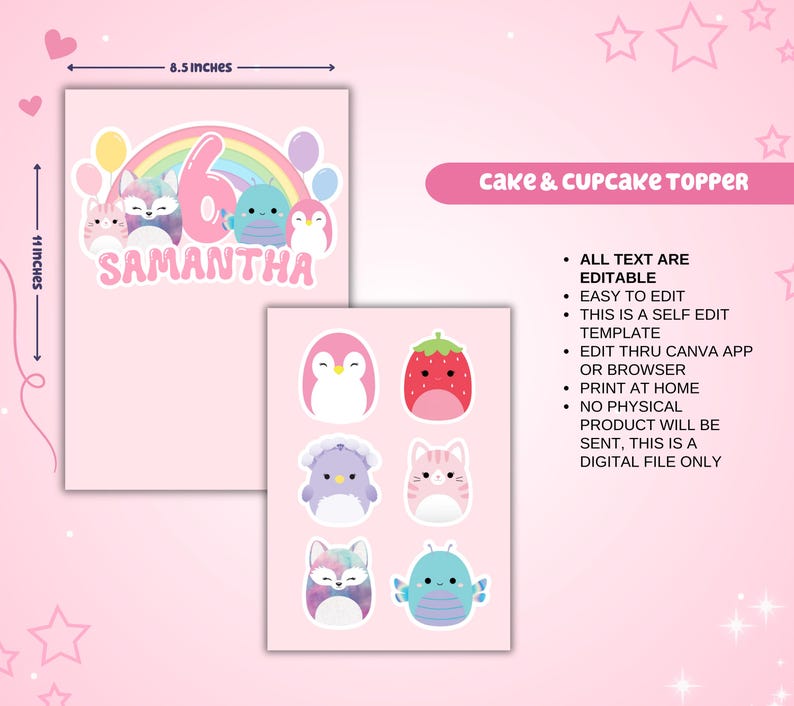 Editable Squishmallow Cake Topper, Squishy Cake Topper, Squish Cupcake ...