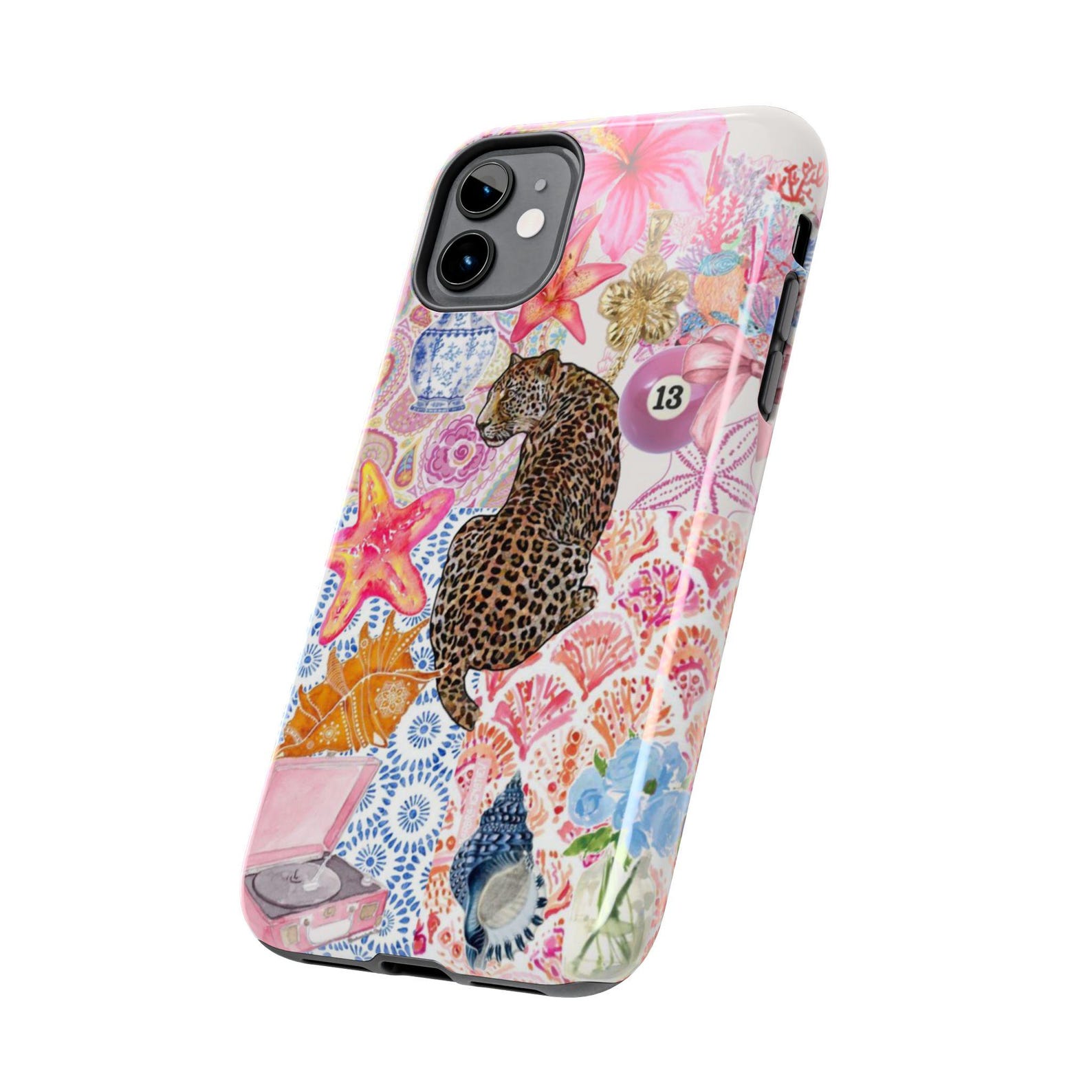 Luxury Girly Coquette Eight Ball Phone Case, Cheeta Girly Pink Floral ...