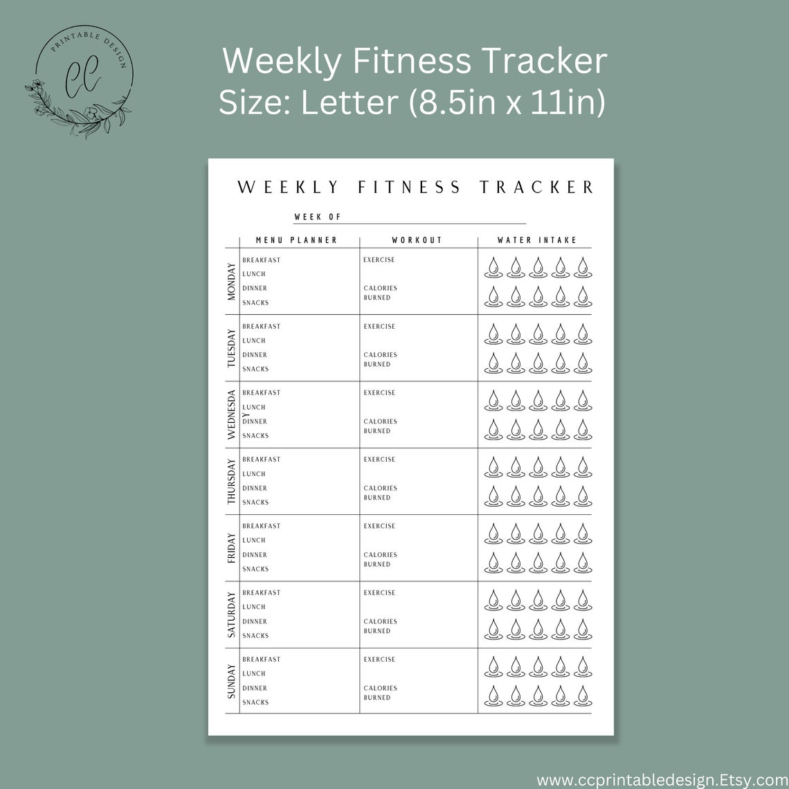 Weekly Fitness Tracker Printable PDF Track Workouts, Meals, and Water ...