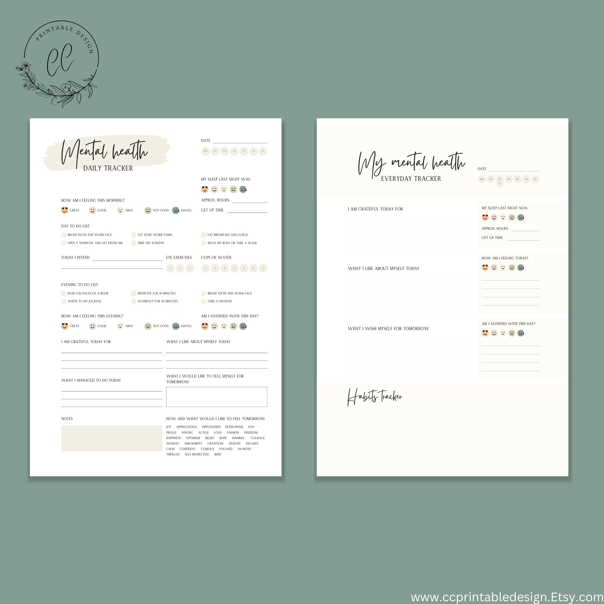 Printable Mental Health Tracker Daily Wellness Planner Daily Mood ...