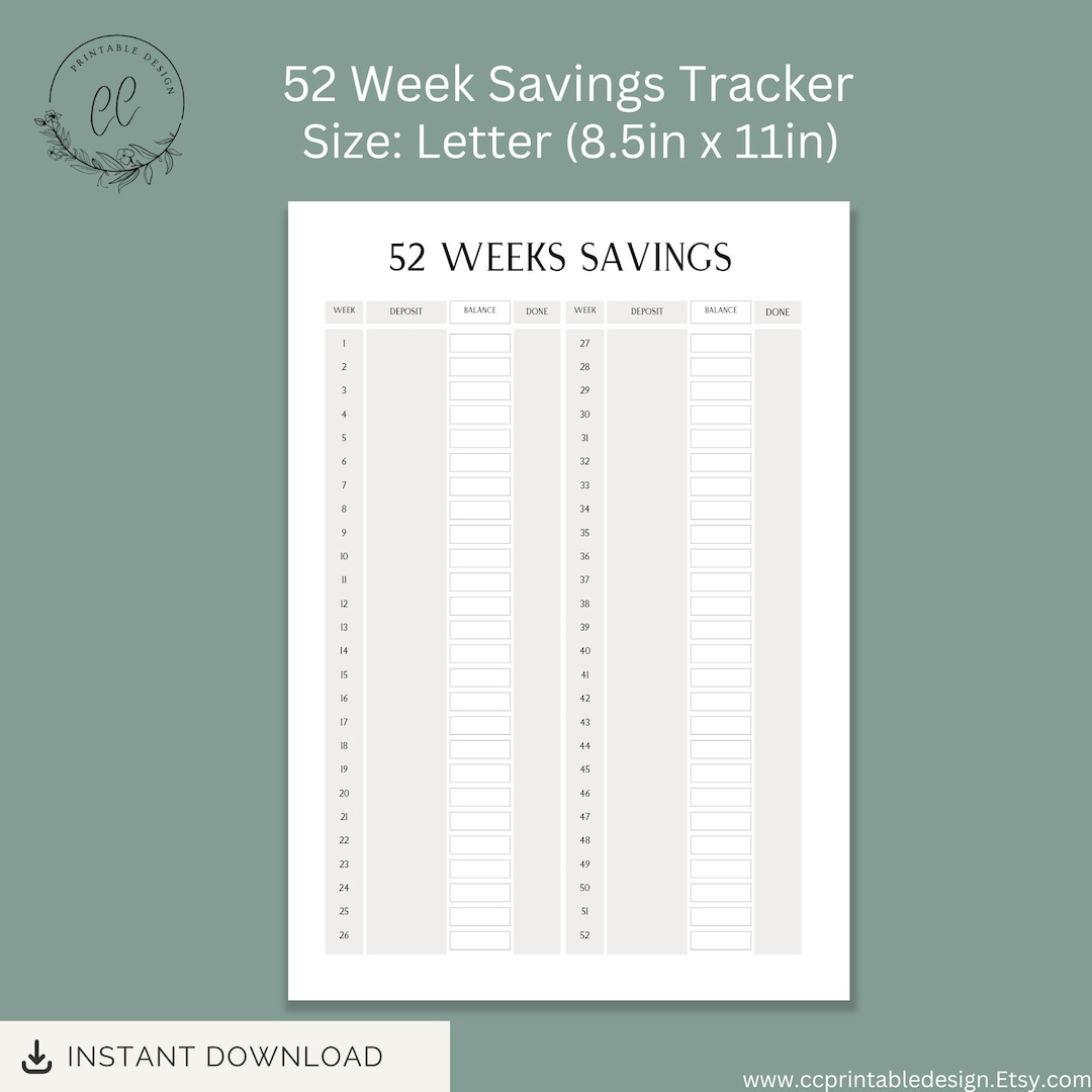 52 Week Savings Tracker Printable Financial Planner Yearly Savings Goal ...