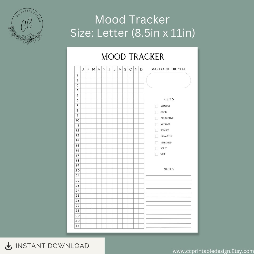 Printable Mood Tracker Letter Size, Anxiety Tracker, Emotions Log ...