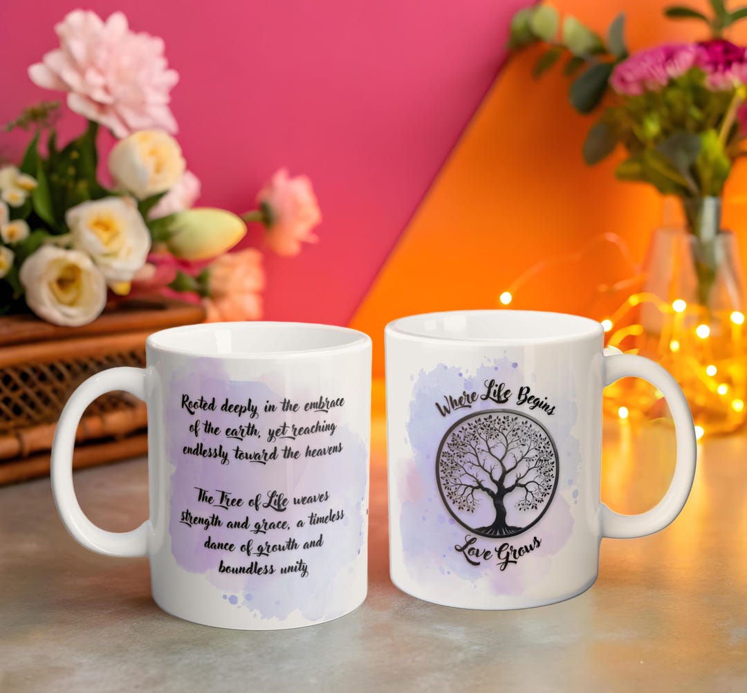 Modern Tree of Life Mug - White Glossy Ceramic With Purple and Grey ...
