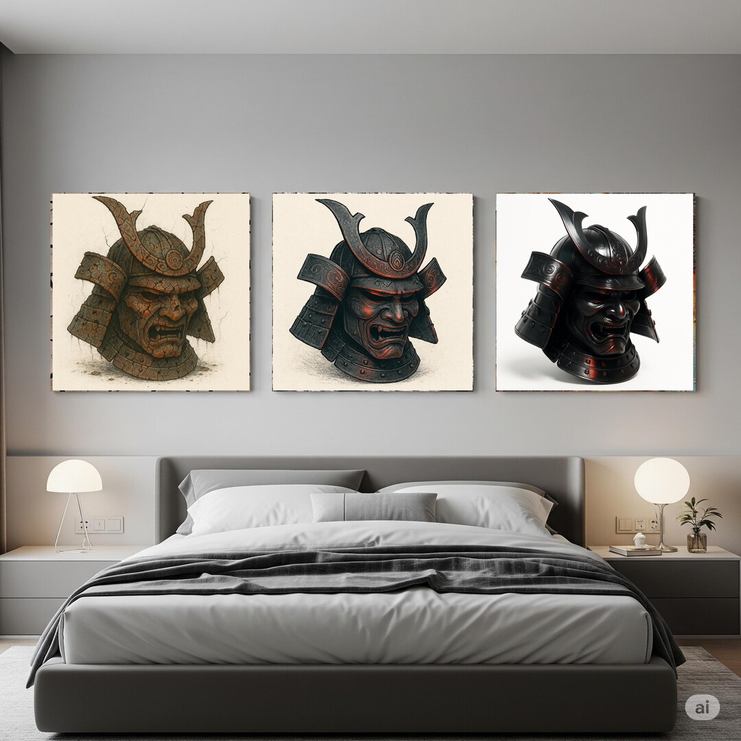 Samurai Helmet Triptych: Japanese Warrior Mask Art Poster Japan Art ...