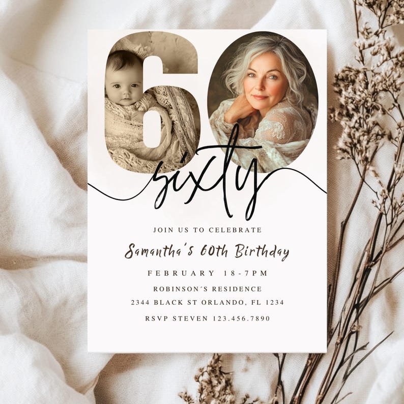 60th Birthday Invitation for Women, 60th Birthday Invitation With Photo ...