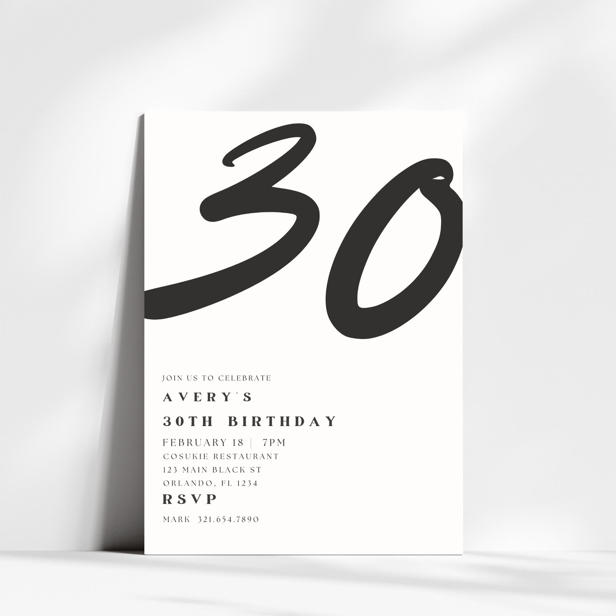 30th Birthday Party Invitation, Thirty Invitation, Black and White ...