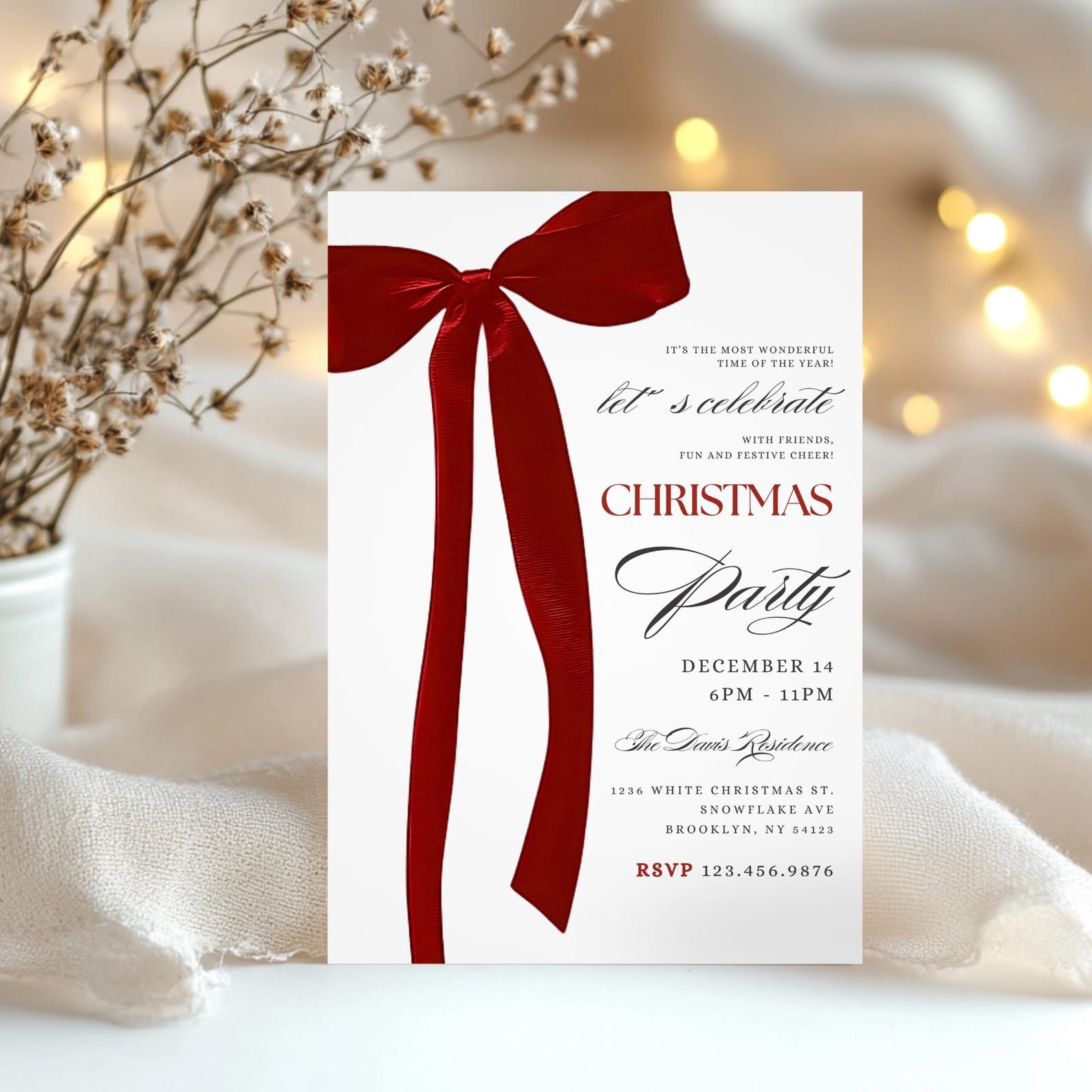Christmas Party Invitation,red Bow Invite, Editable Dinner Invitation ...