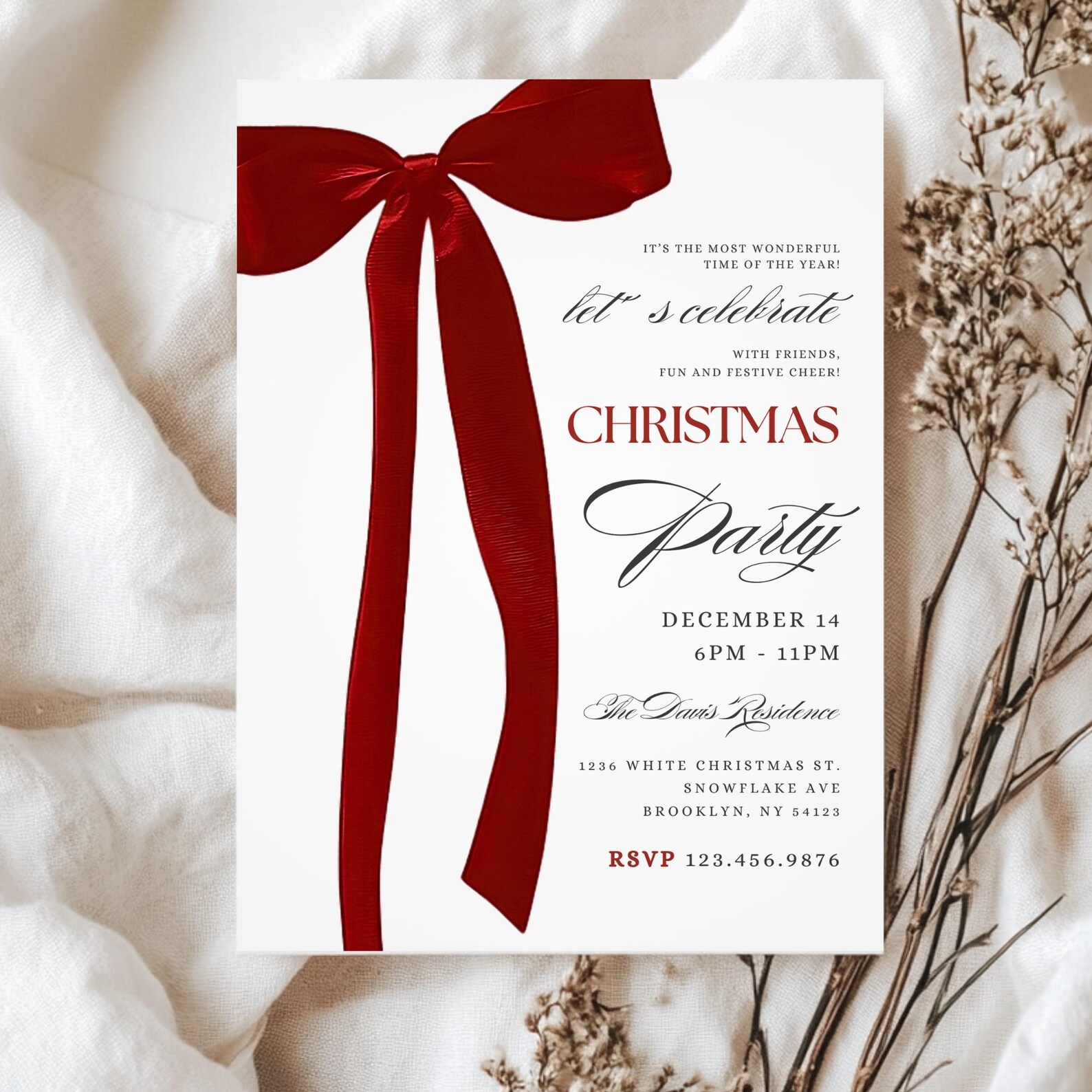 Editable Christmas Party Invitation, Red Bow, Coctel Invite (digital ...