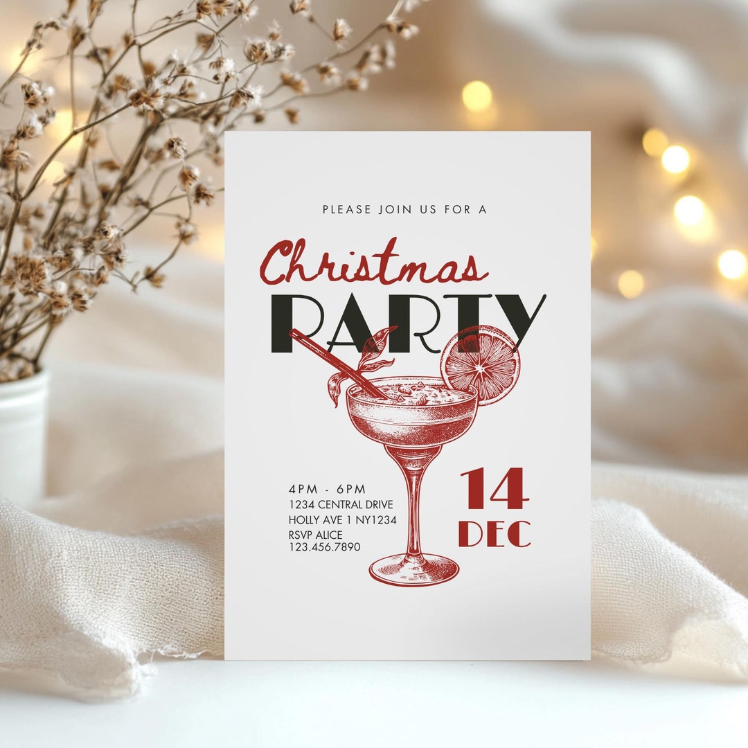 Christmas Cocktail Party Invitation, Editable Friendsmas Christmas Invitation Template, Hand ...