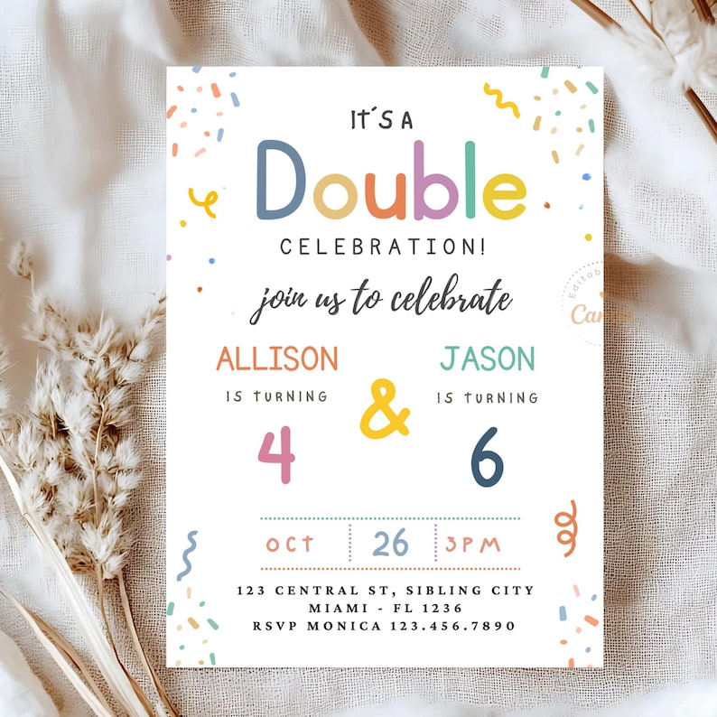 Joint Birthday Invitation, Sibling Party, Confetti (editable Canva ...