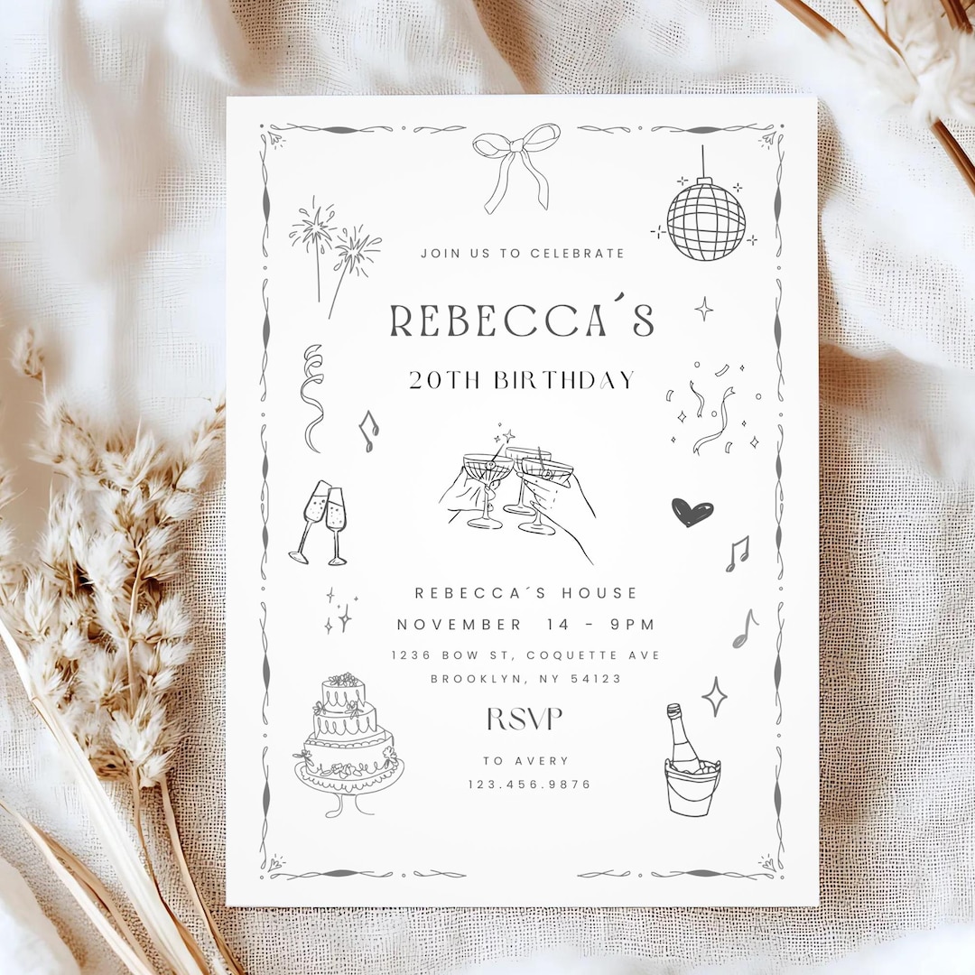 Coquette Hand Drawn 30th Invitation, 40th Birthday Invitation Template ...