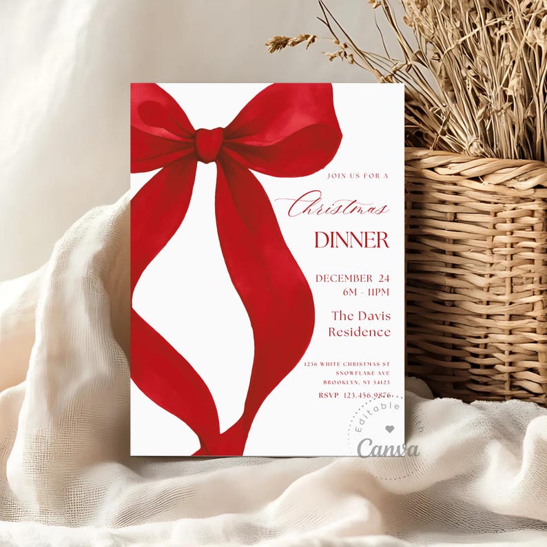Editable Christmas Party Invitation Red Bow Design Digital Etsy