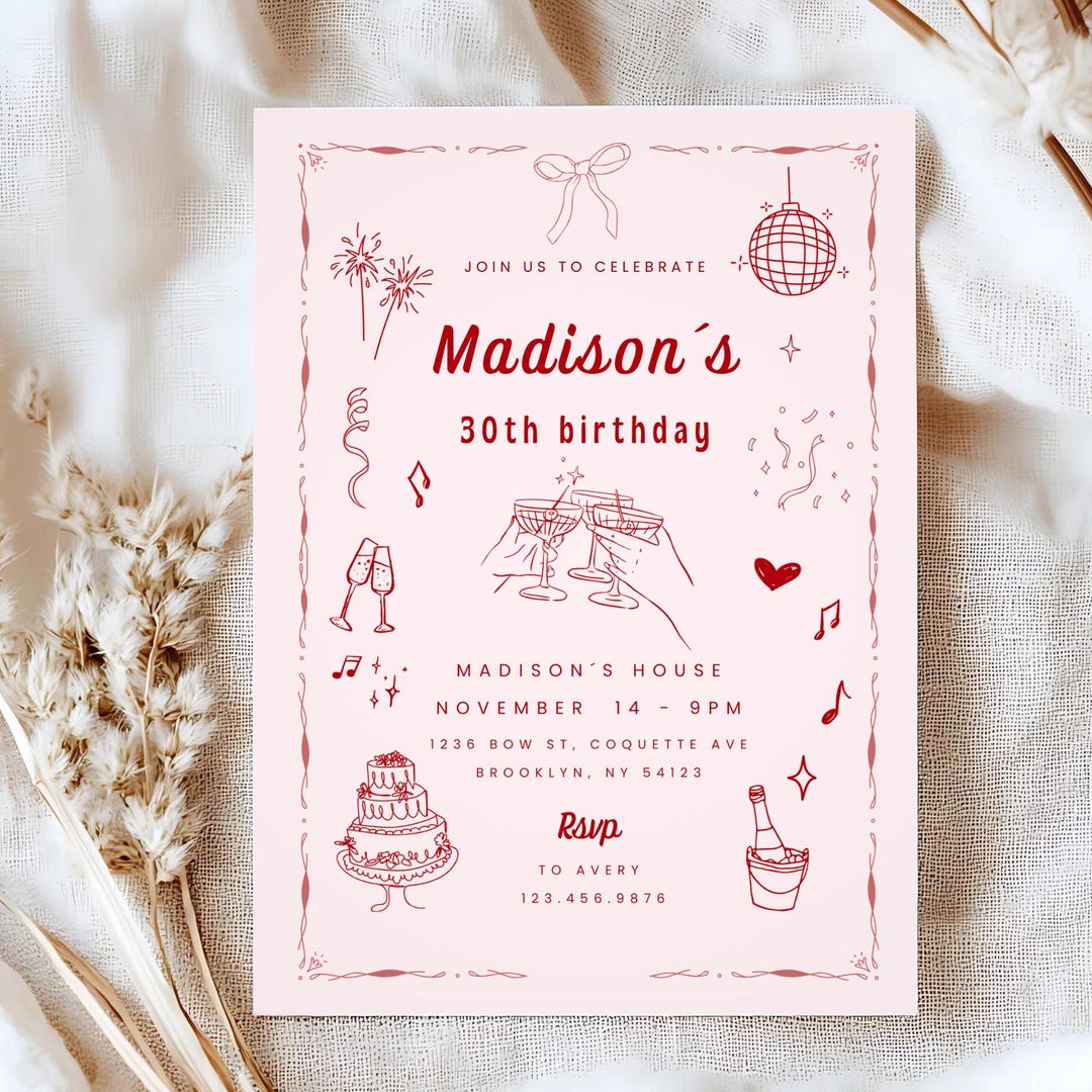 30th Birthday Invitation Template, Red Hand-drawn Line Art - Etsy