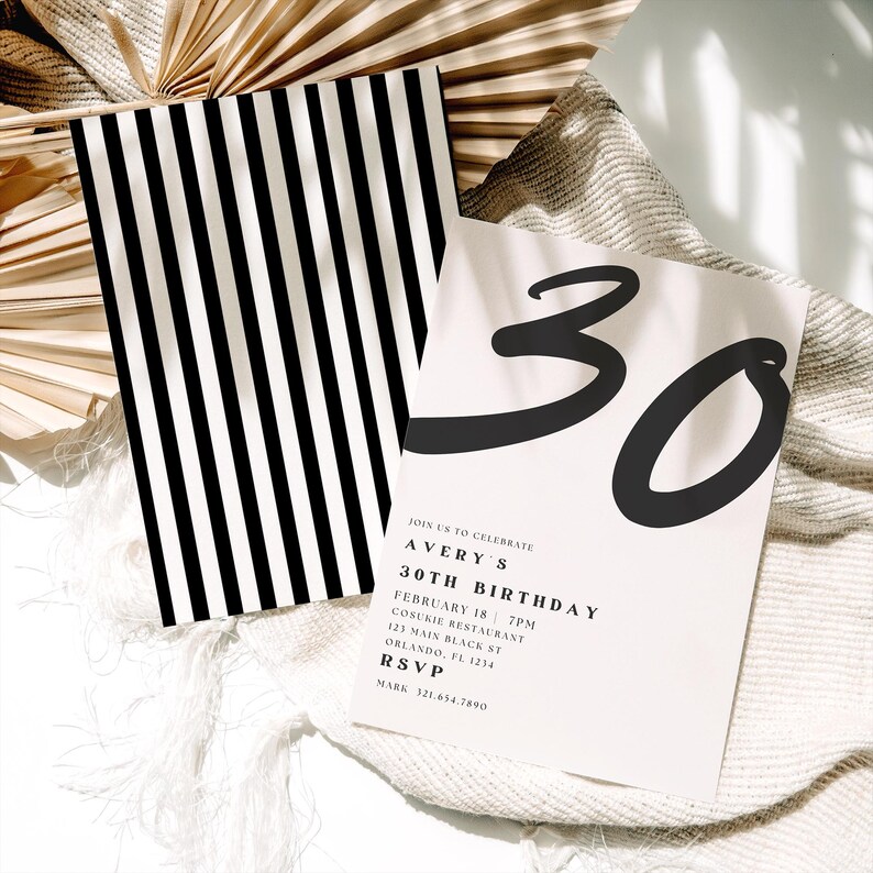 30th Birthday Party Invitation, Thirty Invitation, Black and White ...